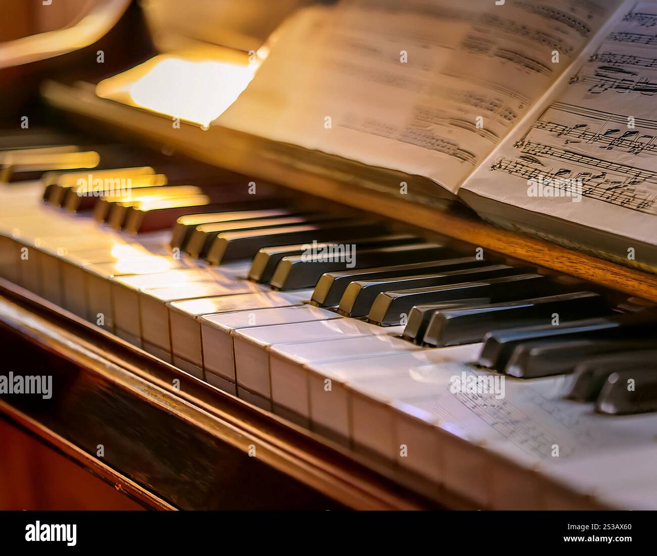 Close up depiction of a piano and music keys featuring elements like ...