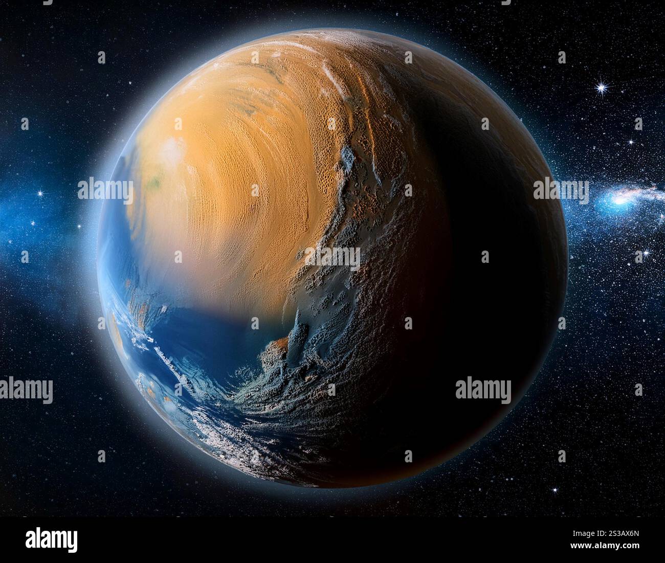 Close up depiction of a planet and outer space featuring elements like ...