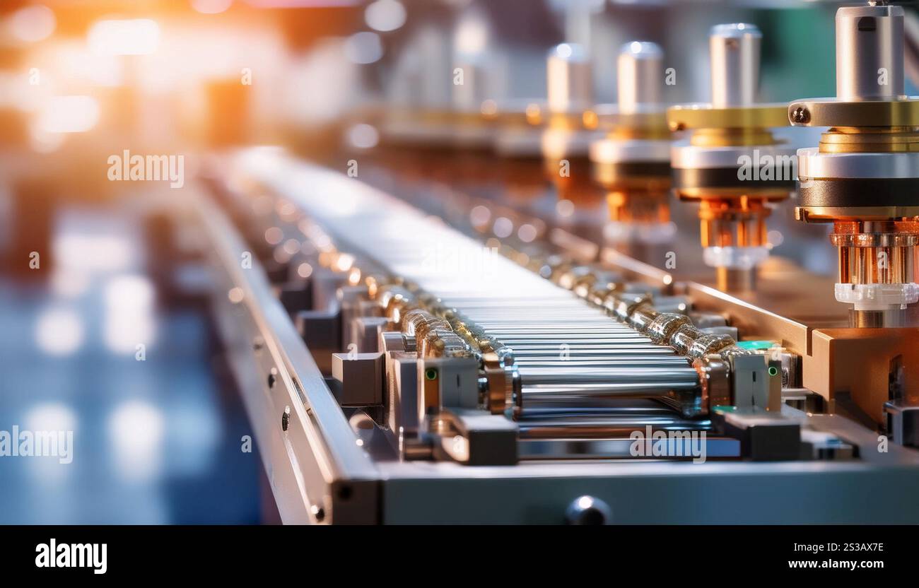 Close up image of a manufacturing assembly line in operation ...