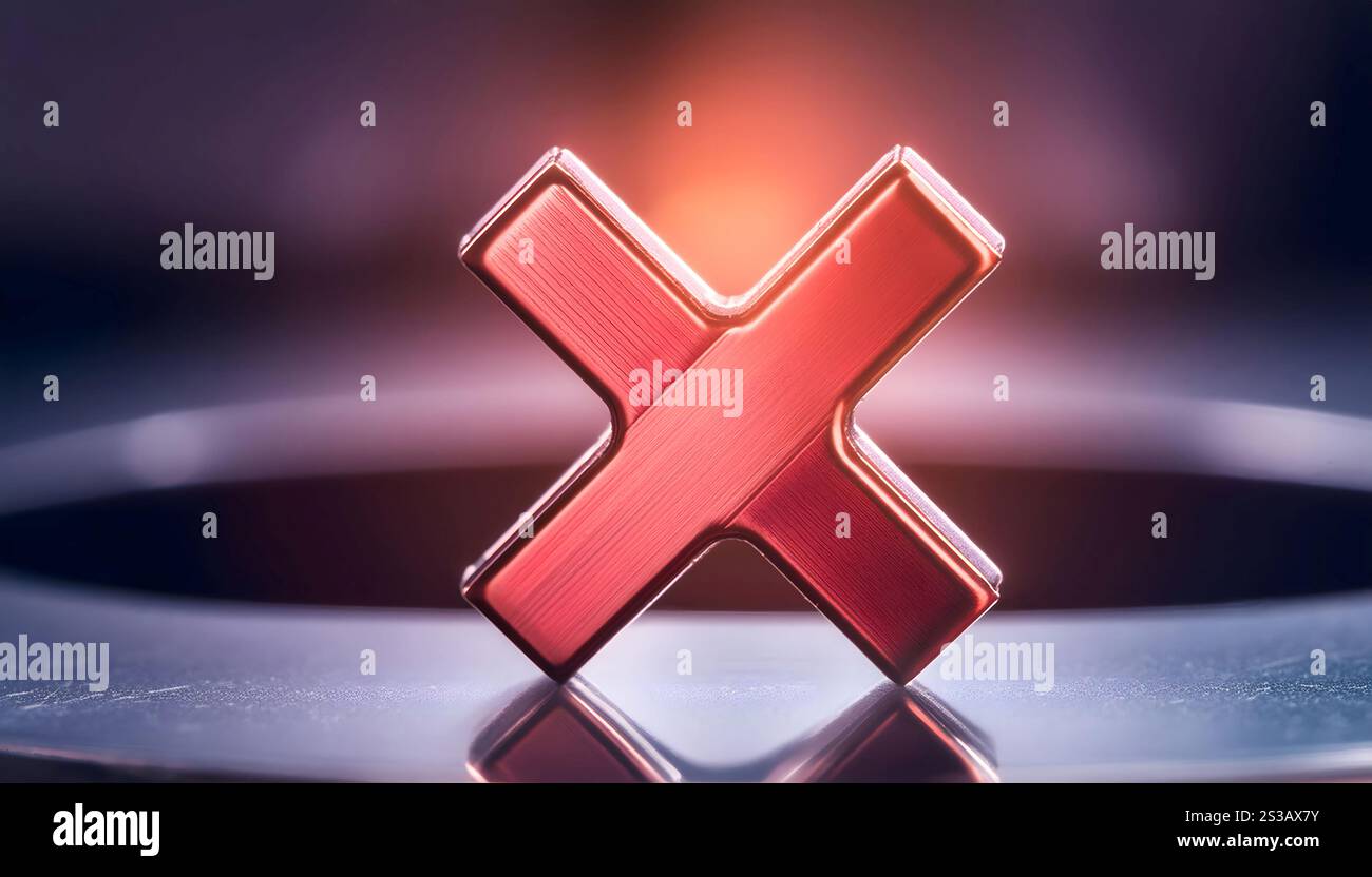 A glossy red X sign placed on a sleek black surface, creating a sharp ...