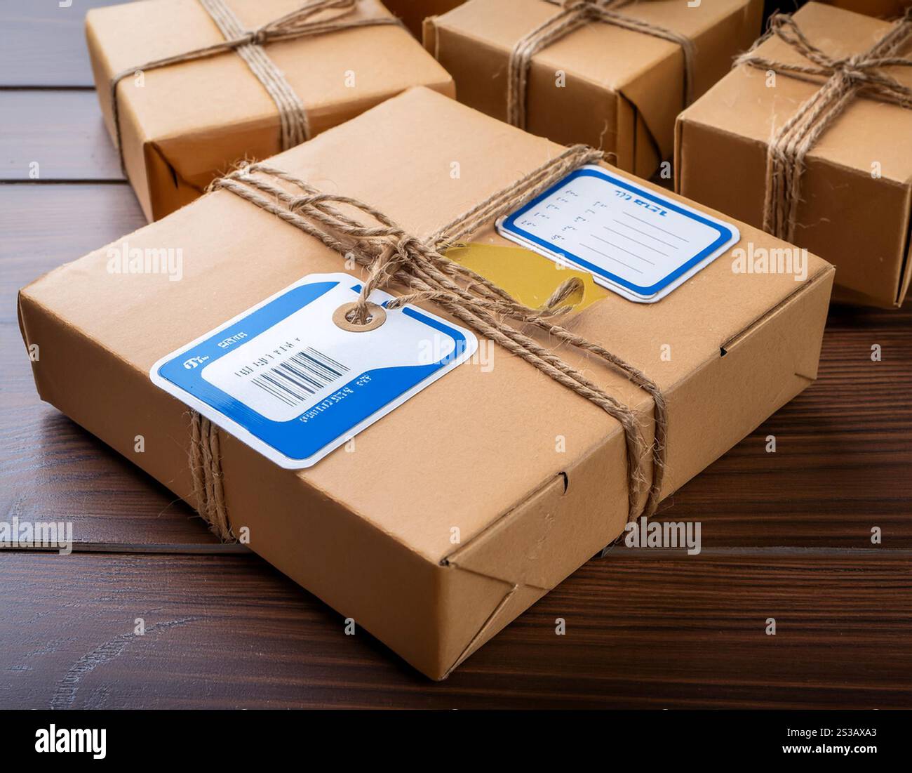 Close up image of shipping labels on packages, representing logistics ...