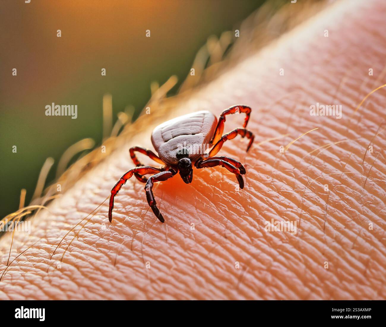 Detailed close up of a tick on human skin, highlighting the insect ...