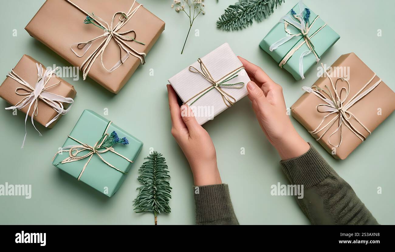 A person is unboxing a gift wrapped in white paper with a string bow ...