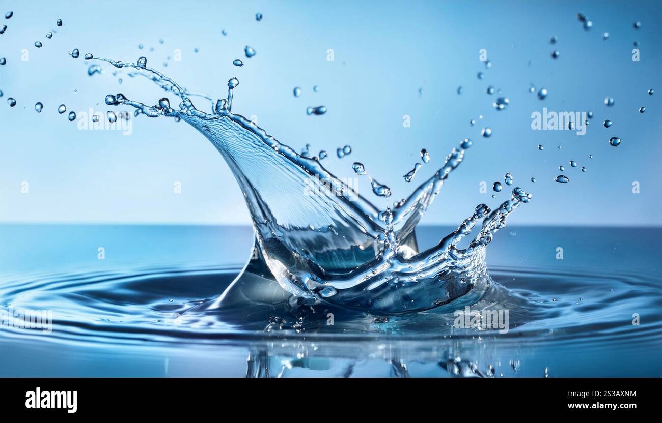 A dynamic splash of clear water exhibits fluid movement as droplets ...