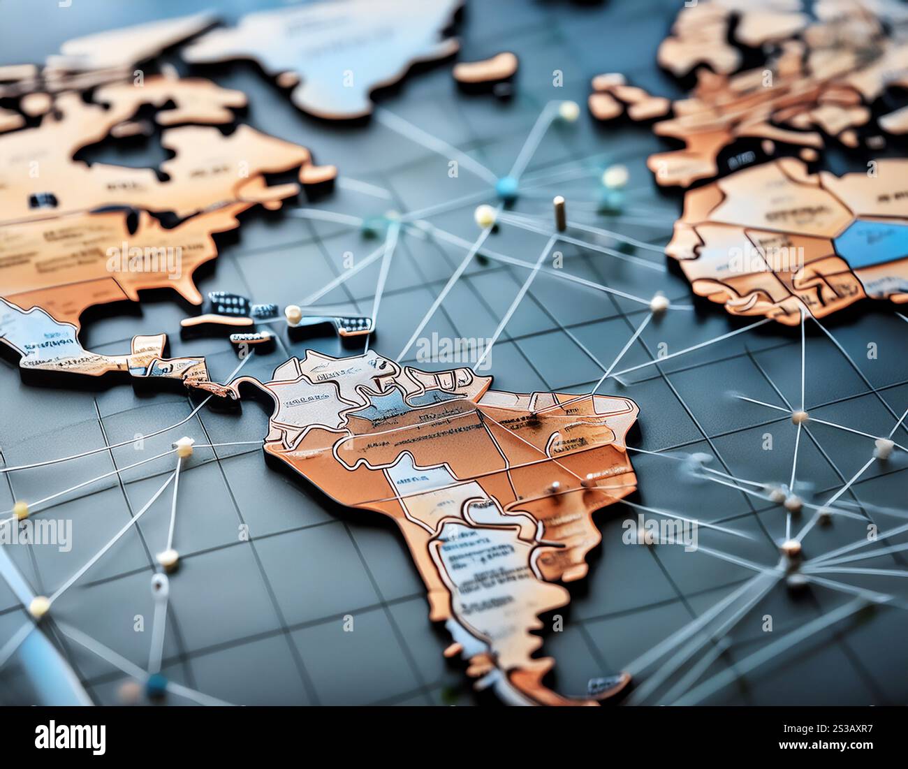 A close up shot of a digital map displaying worldwide network ...