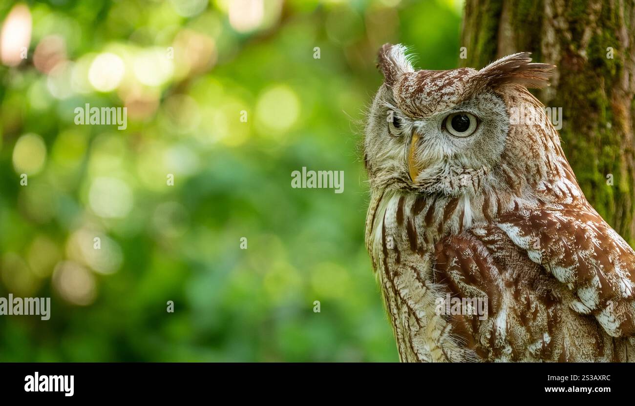A wise owl perches on a palm tree in a lush tropical garden, looking ...