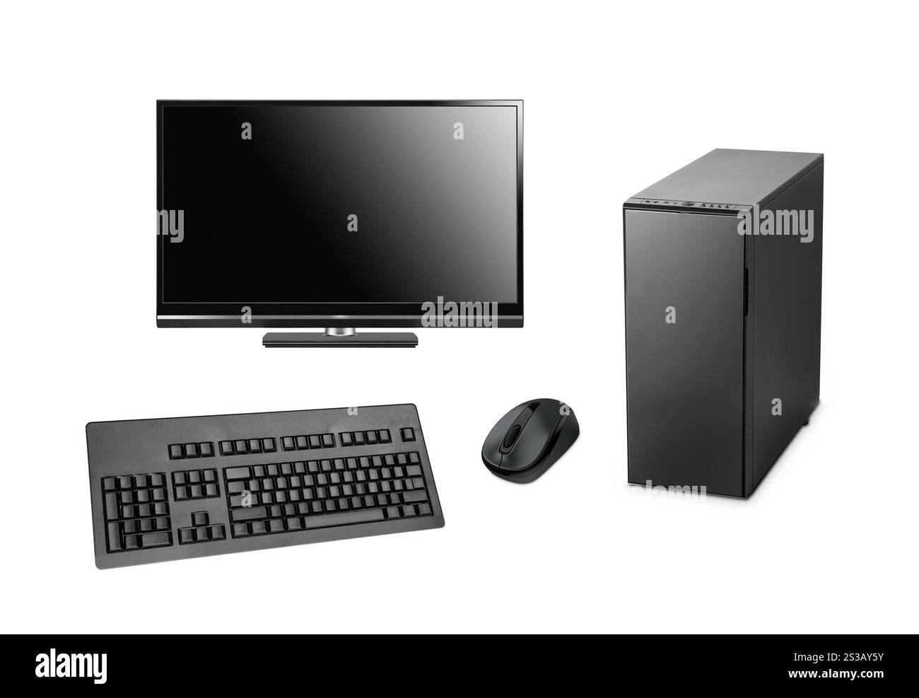 black computer with case, keyboard and mouse isolated on white ...