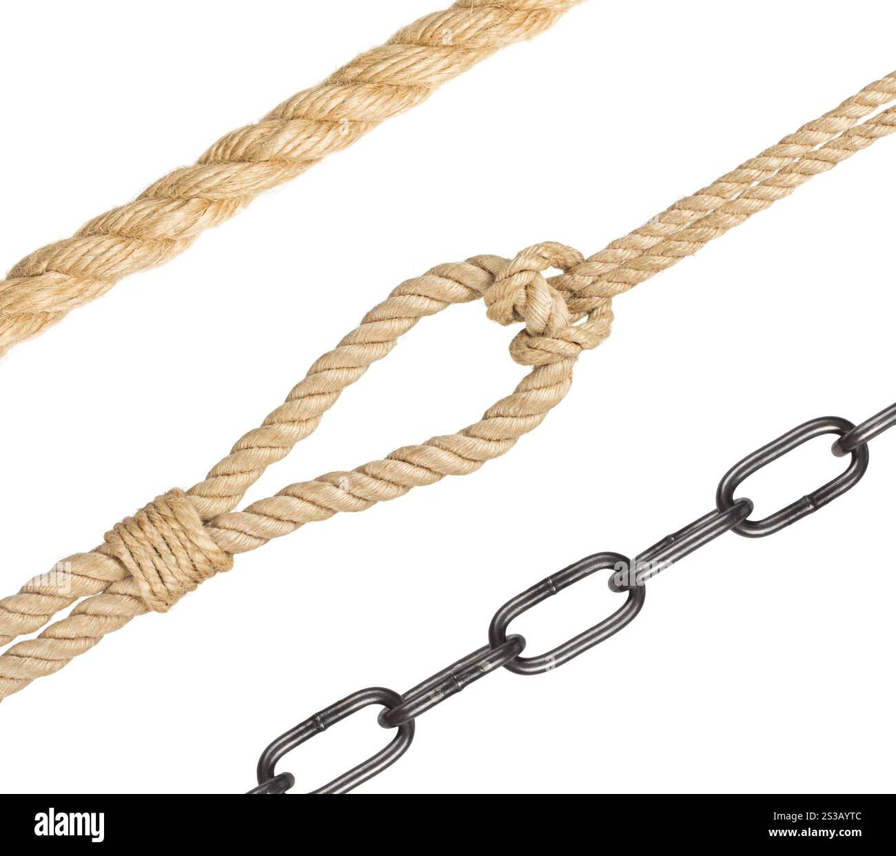 collection of chain and ropes on white background. collection of chain ...