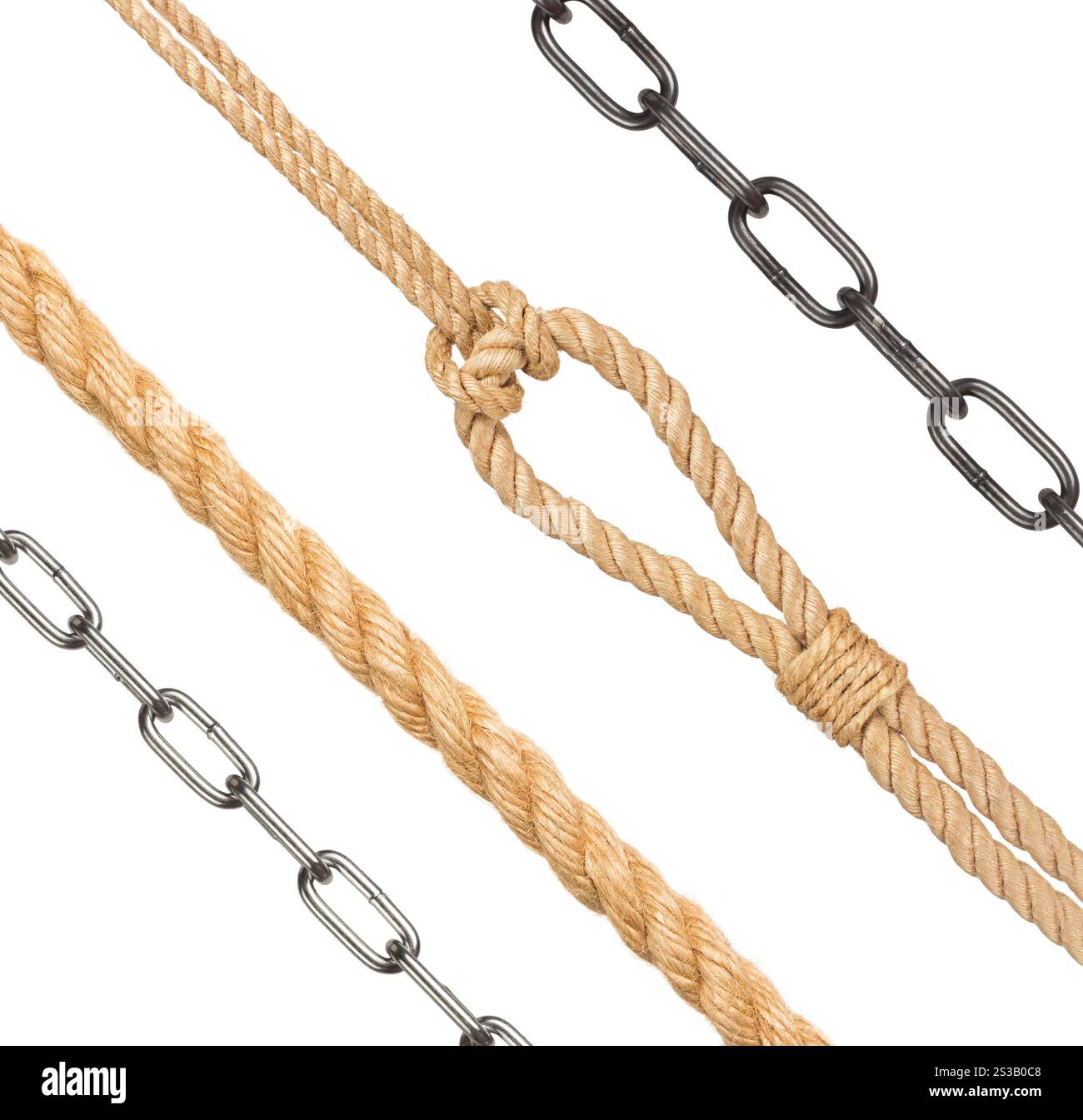 collection of chain and ropes on white background. collection of chain ...