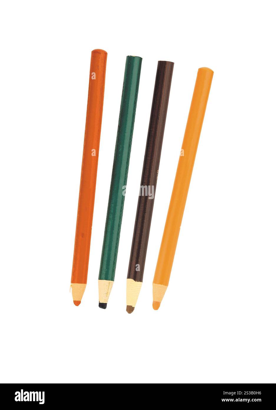 four colored pencils across isolated on white background. four colored ...