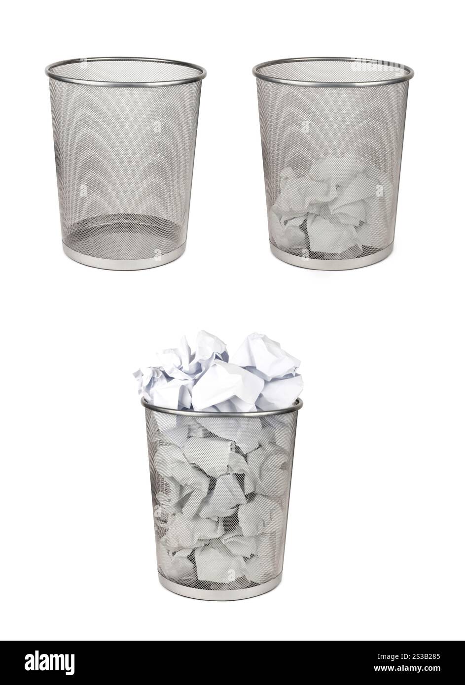 three iron trashes bin isolated on white background. three iron trashes ...