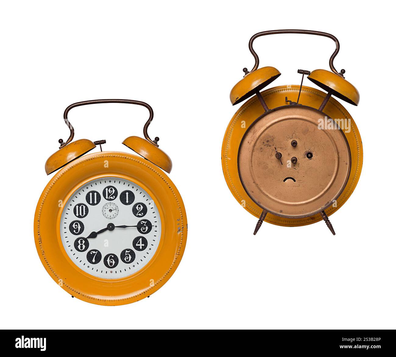 front and back of alarm clock isolated on white background. front and ...