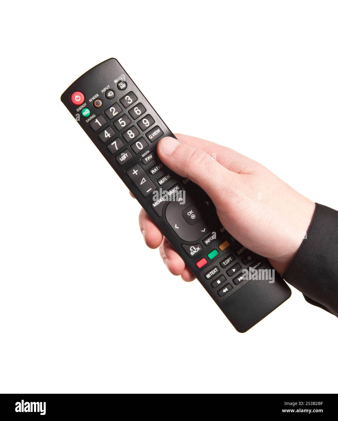 Hand with TV remote control isolated on white background. Hand with TV ...