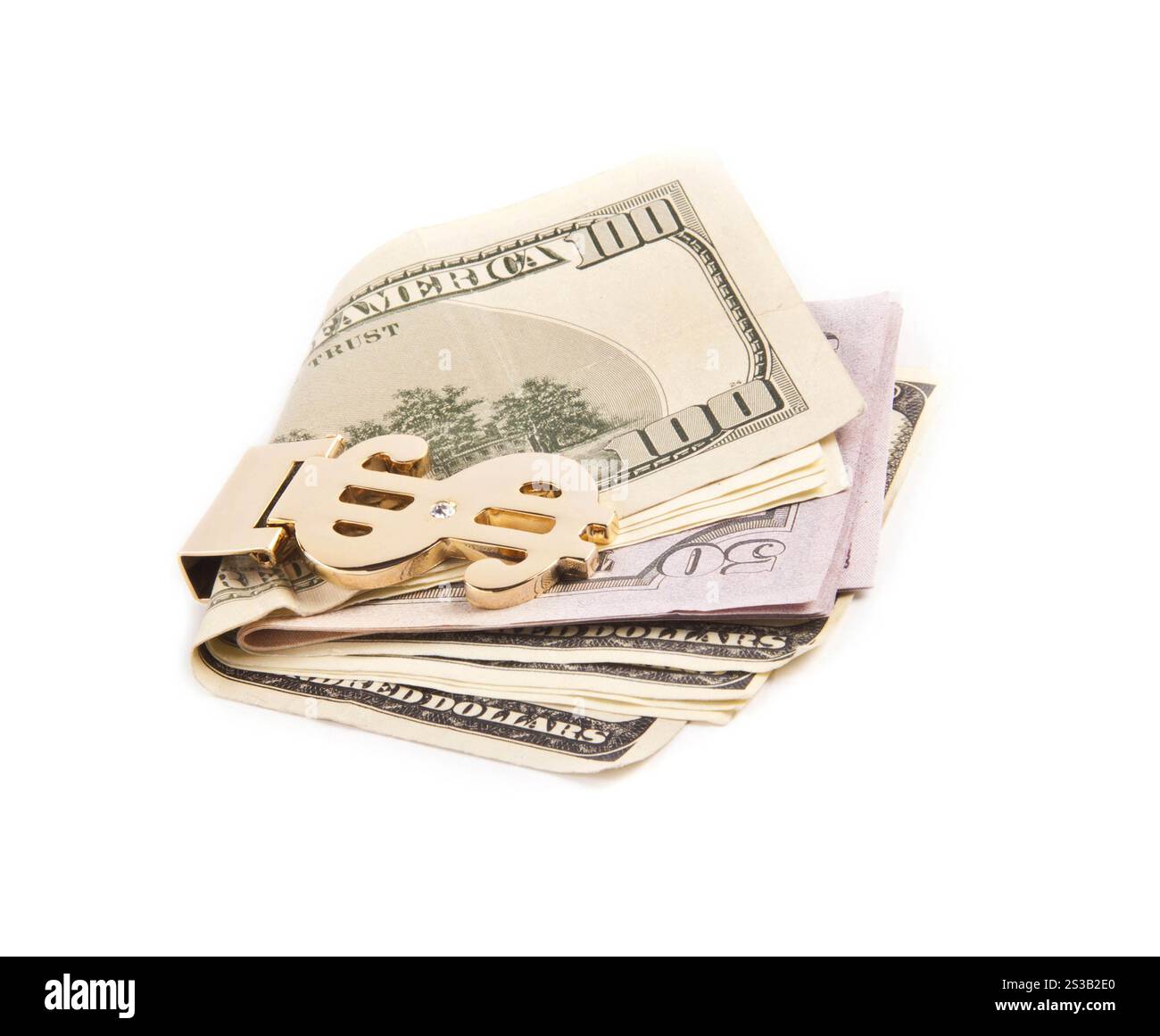 dollar with golden clip isolated on white background. dollar with ...