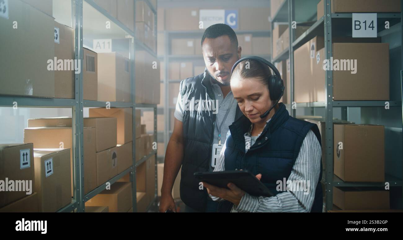 African American Employee Scans Parcels with E-Commerce Goods with Scanner. Female Warehouse ...