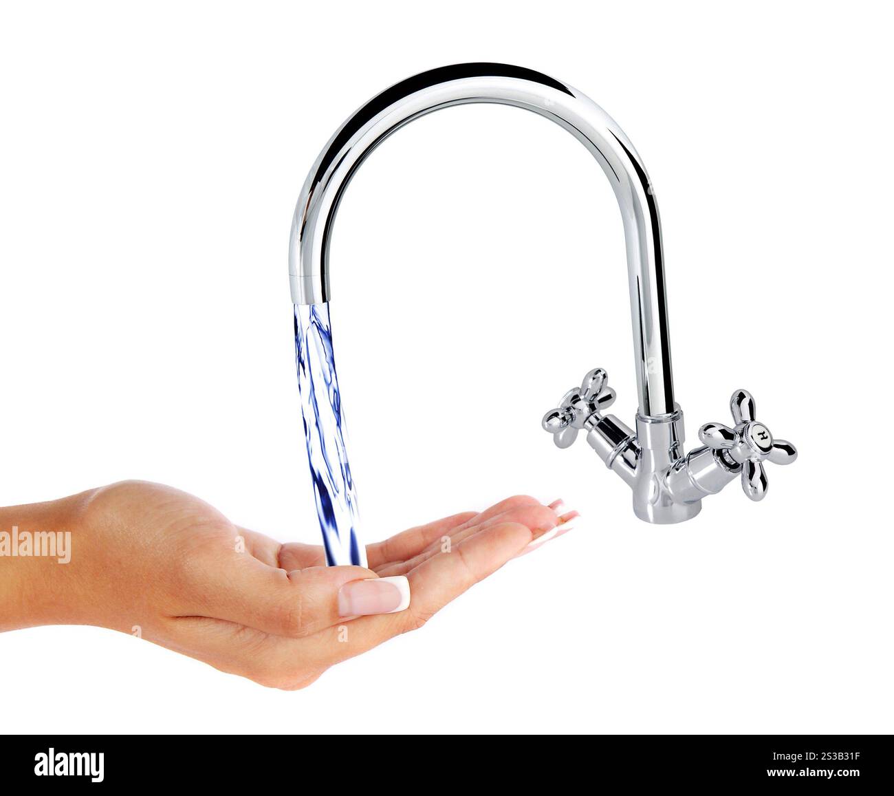 water flows into the hands isolated on white background. water flows ...