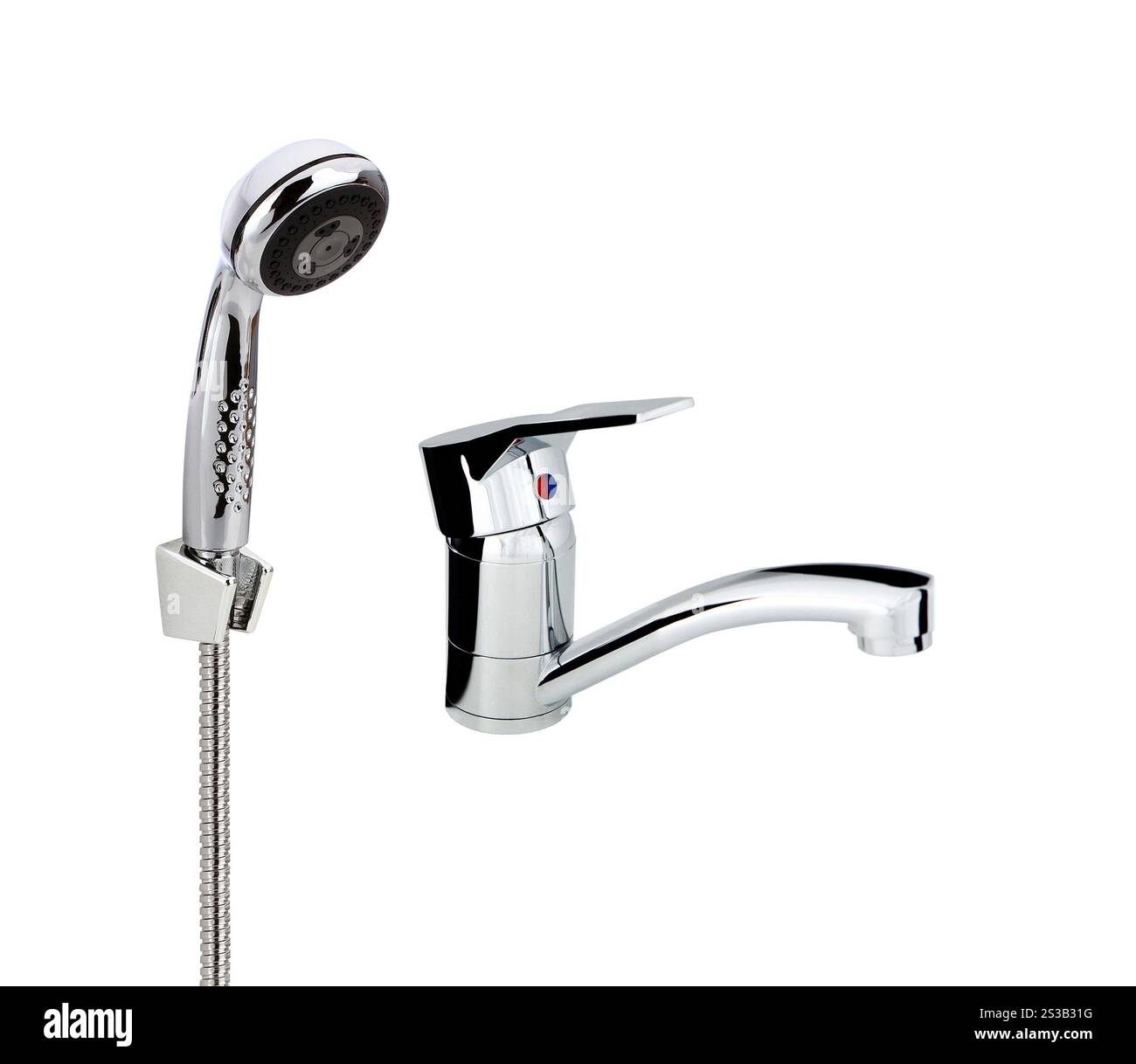 silver metallic water tap with crane isolated on white background ...