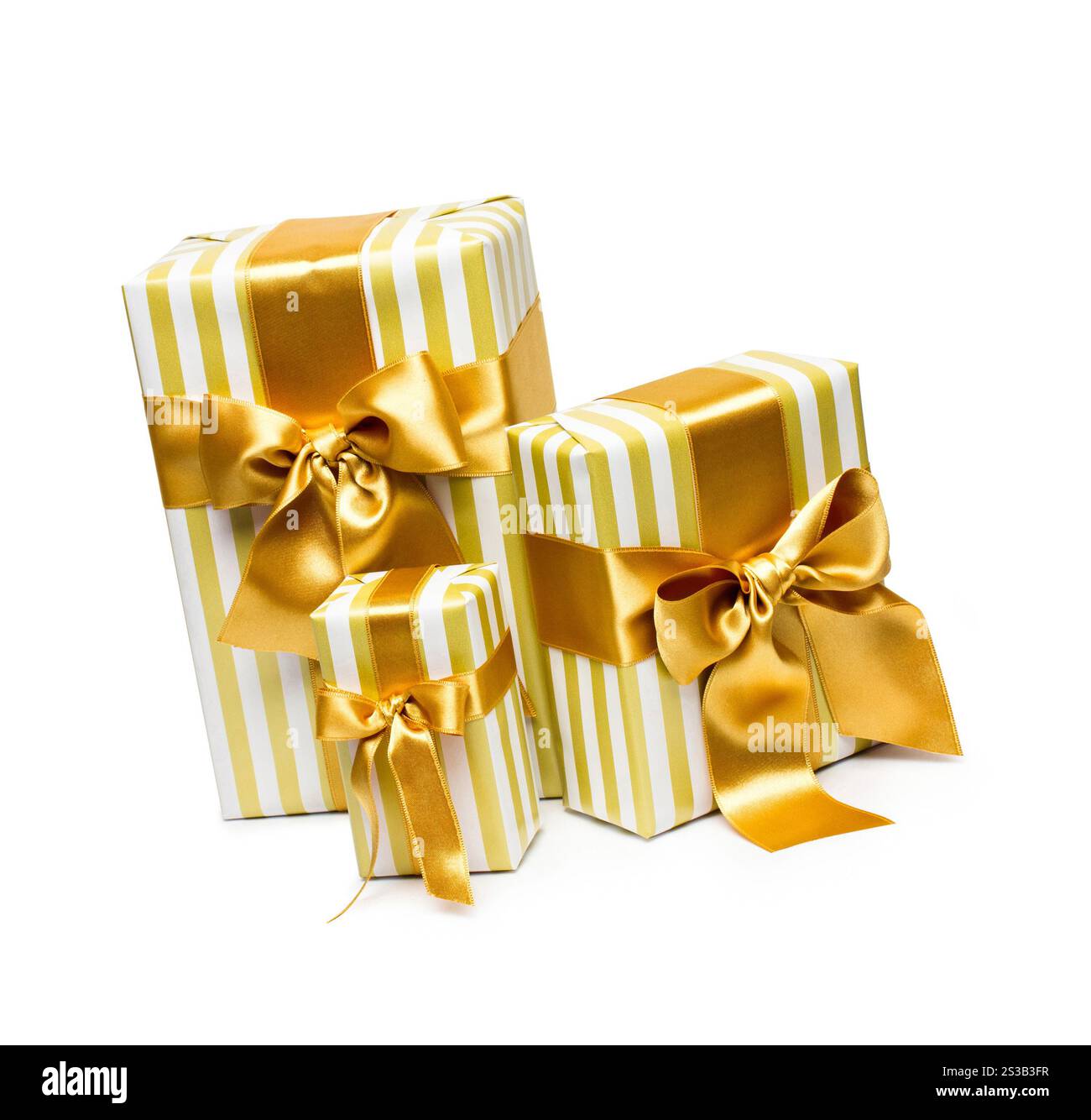 Gold gift boxes isolated on white background. Gold gift boxes Stock ...