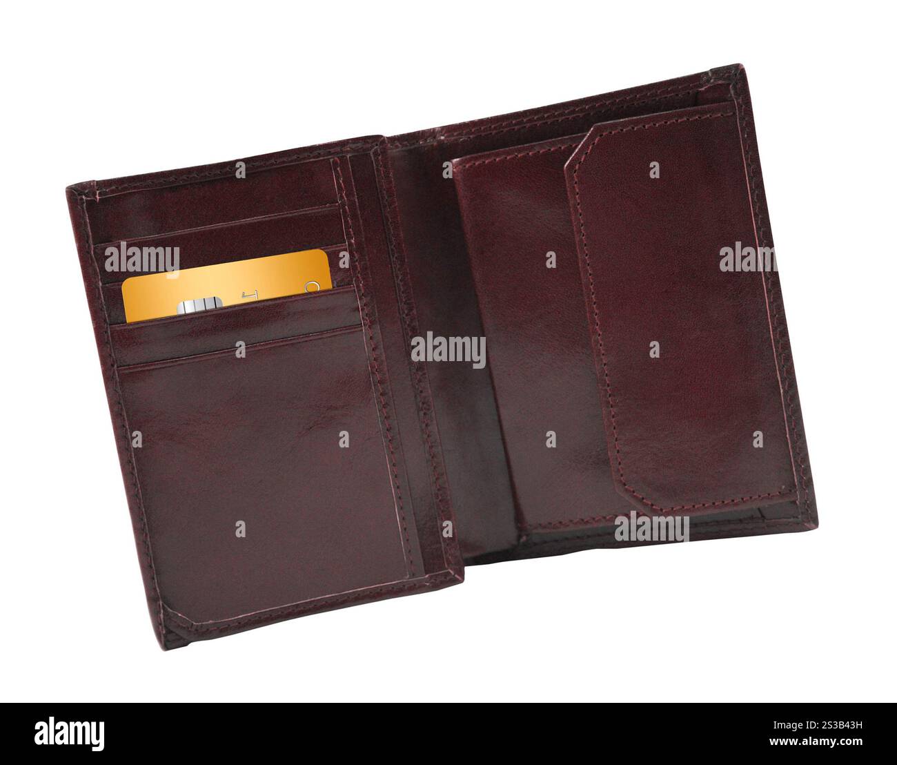 Open wallet with golden card isolated on white background. Open wallet ...