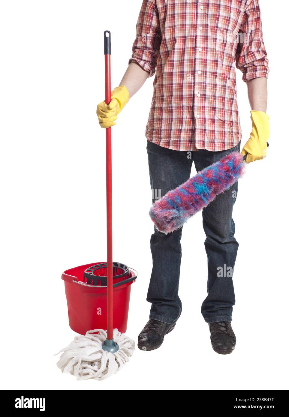 Young sweeping man workwear isolated on white background. Young ...