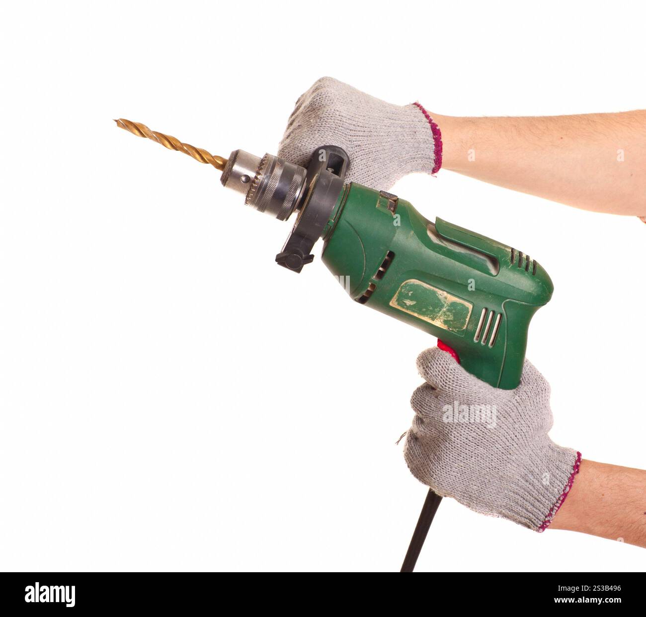 holding drill on hands isolated on white background. holding drill on ...