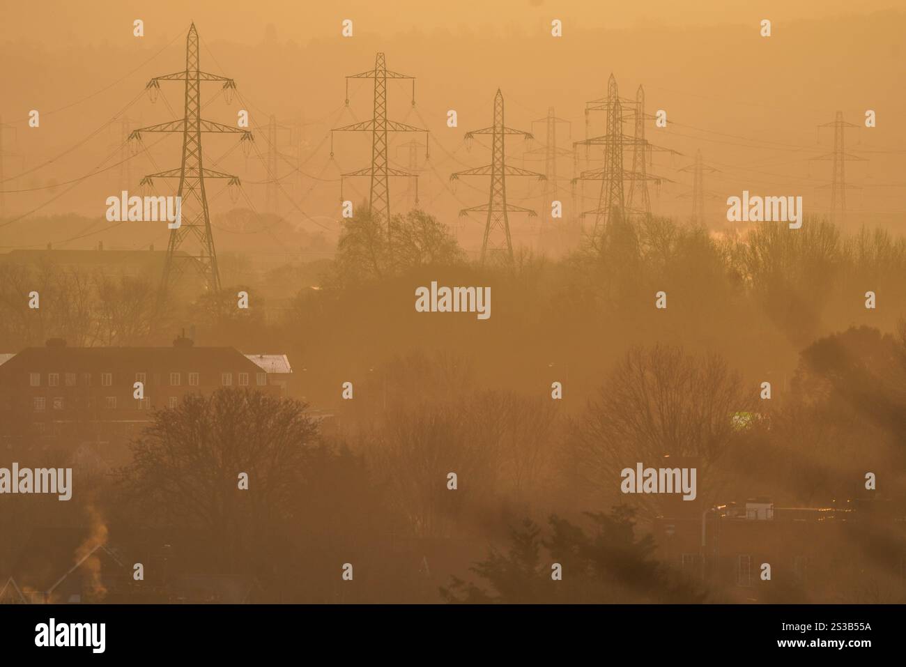 Wimbledon, London 9 January 2025 Electricity transmission towers in ...