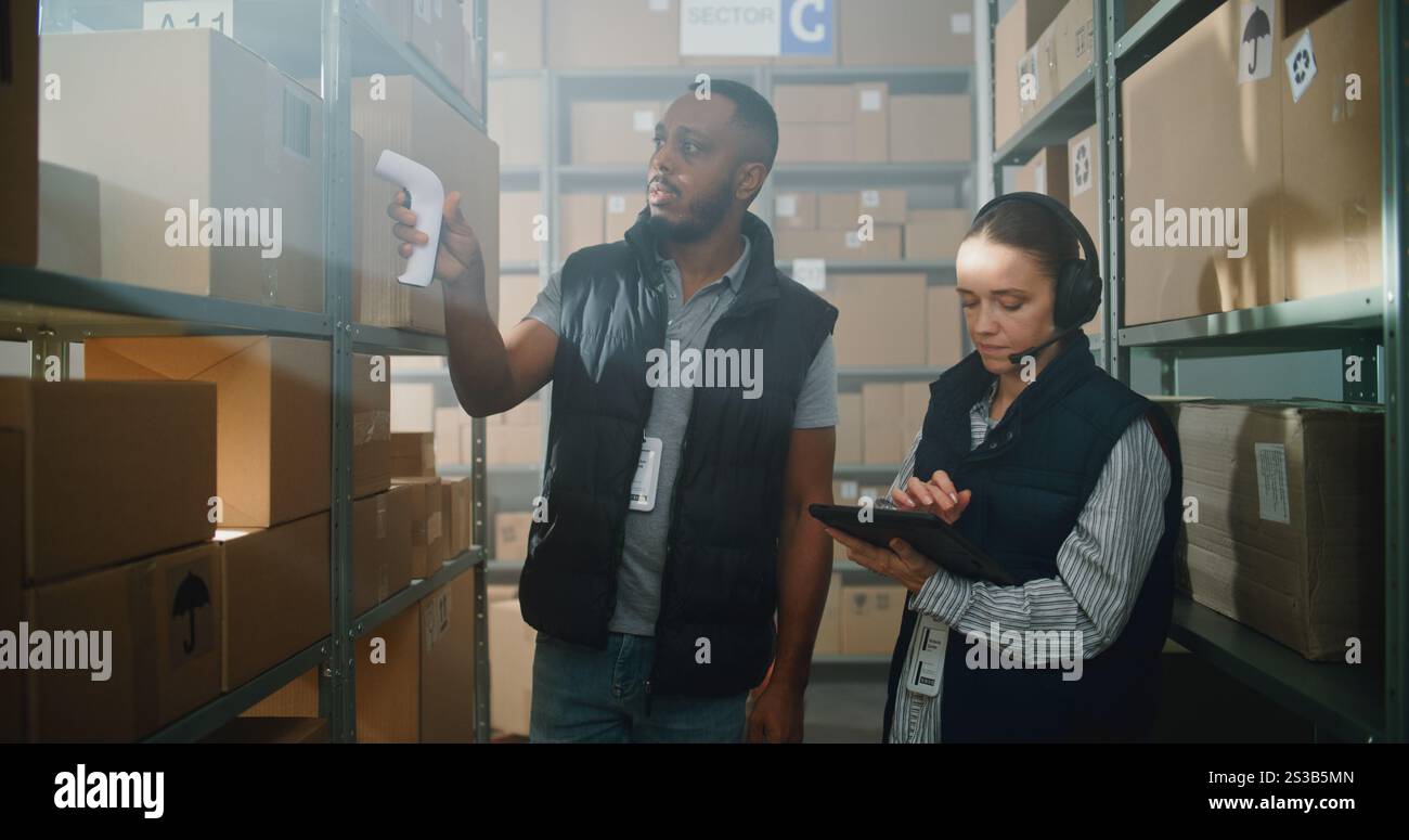 African American Sorting Center Employee Scans Cardboard Boxes with Online Orders with Scanner ...