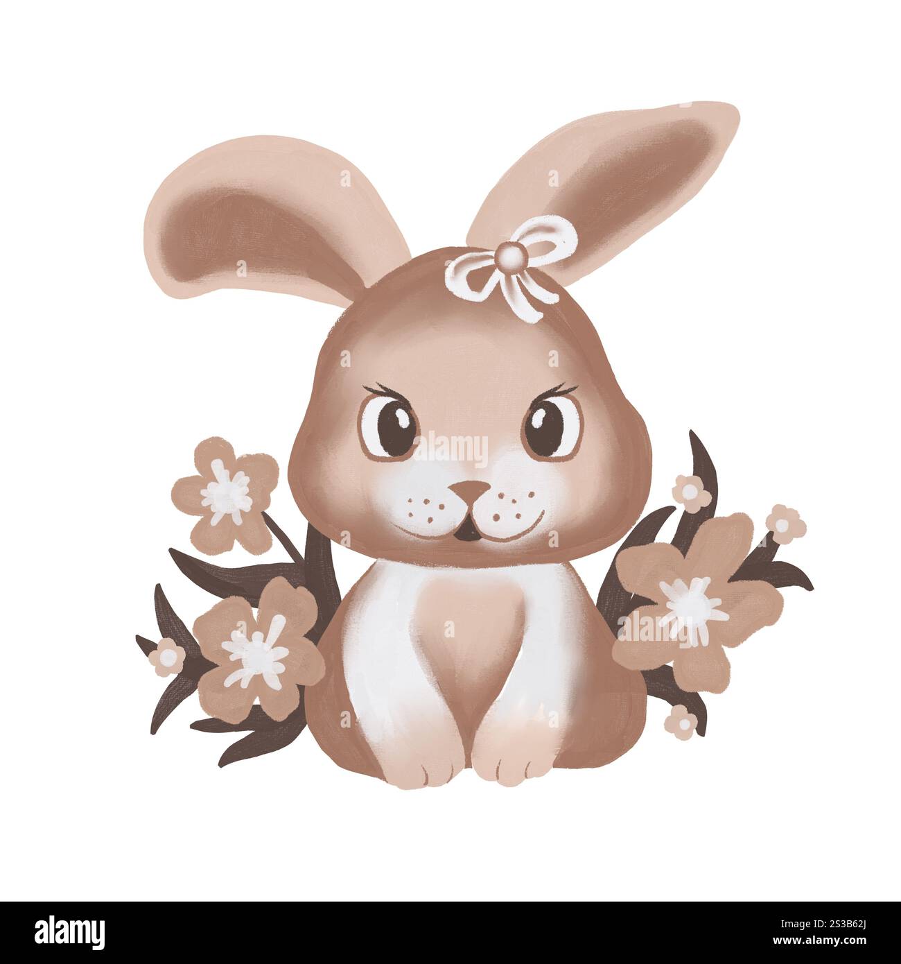 Hand drawn illustration with mocha mousse beige brown Easter rabbit ...
