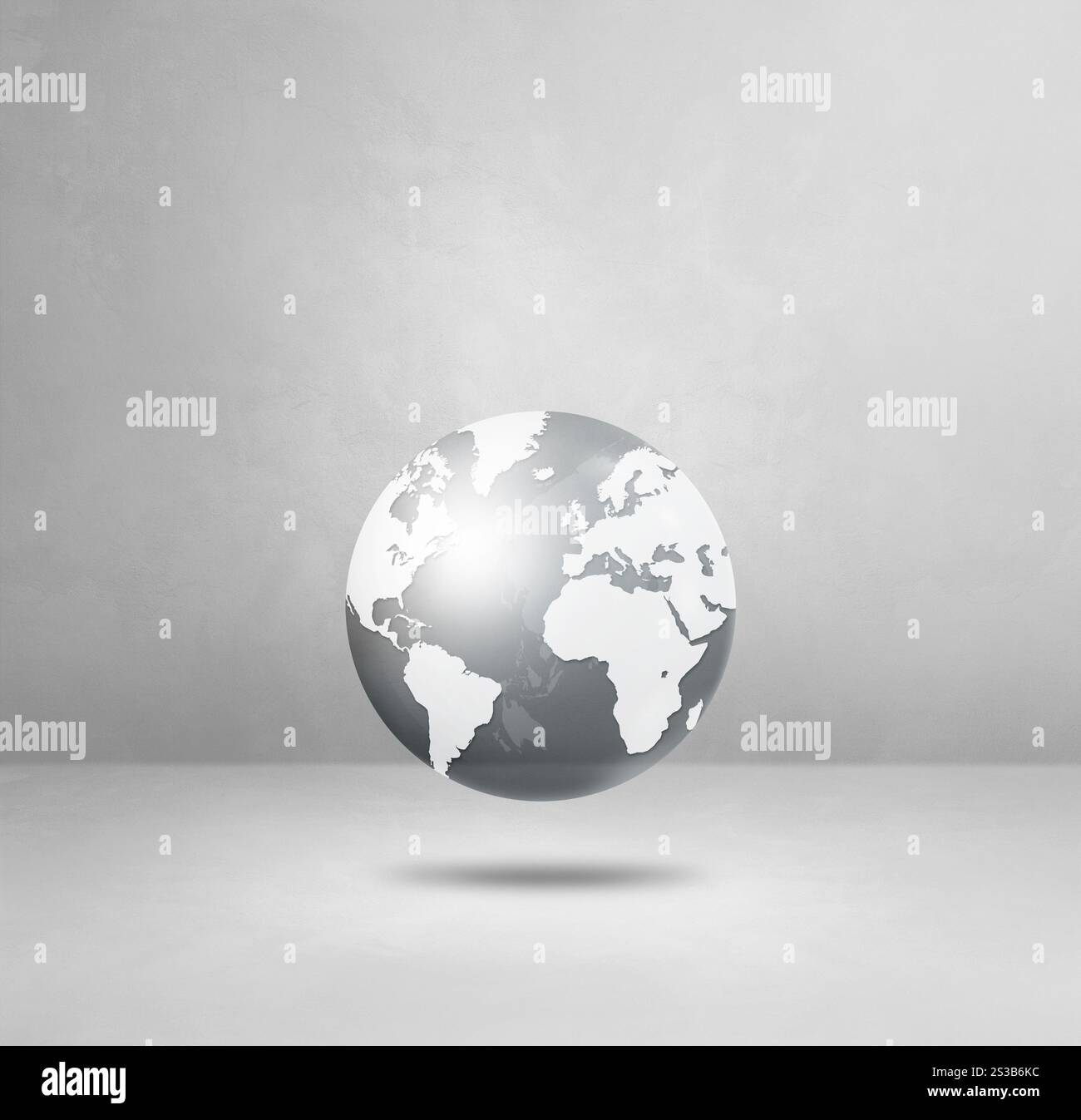 World globe, grey earth map, floating over a white background. 3D ...