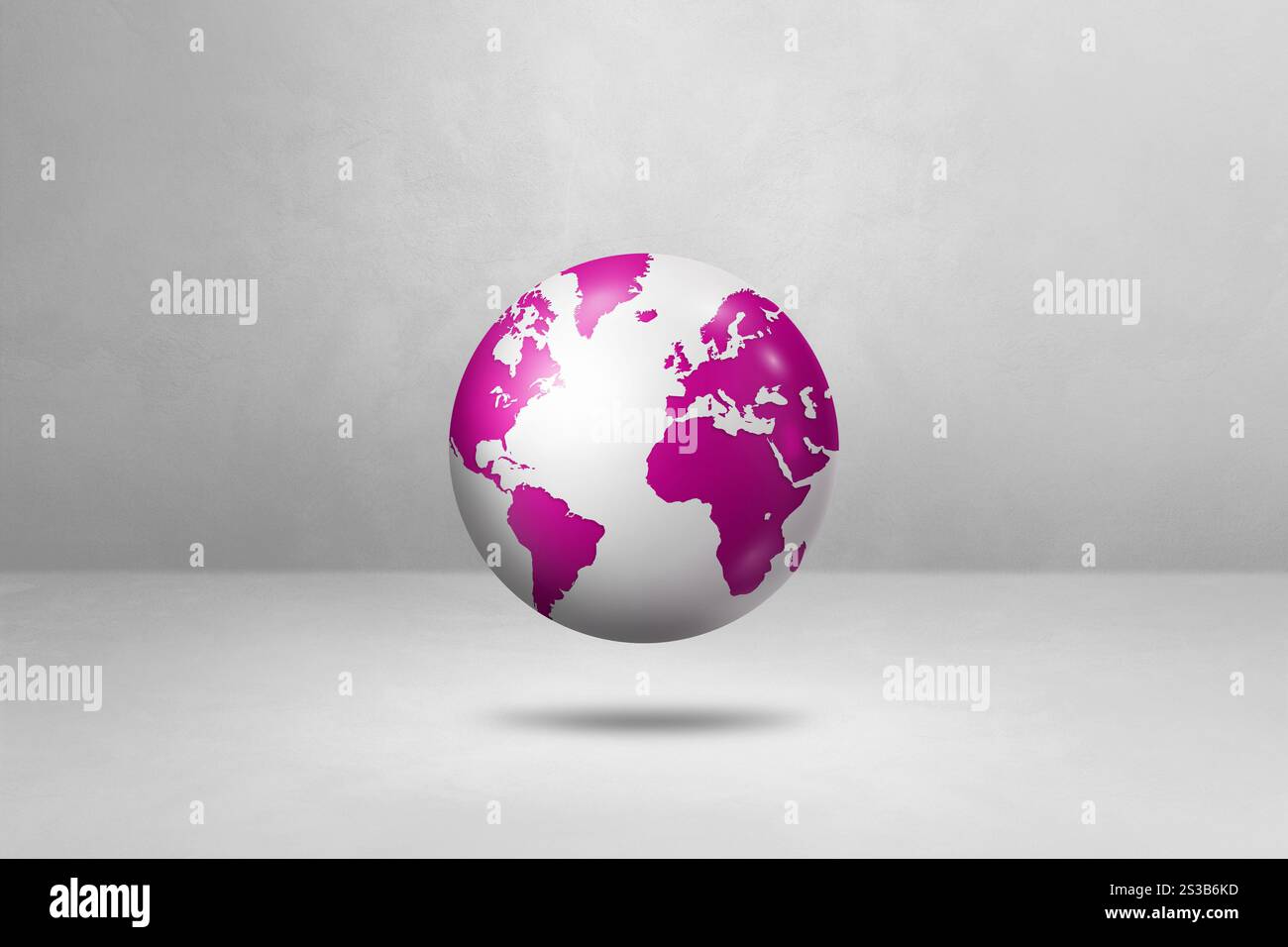 World globe, pink earth map, floating over a white background. 3D ...