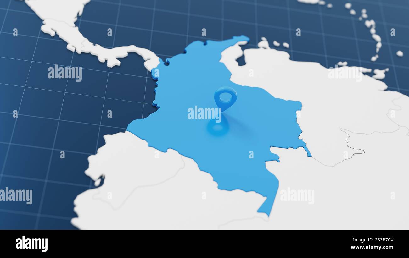 Blue Colombia 3d map with pointer pin surrounded with other countries ...