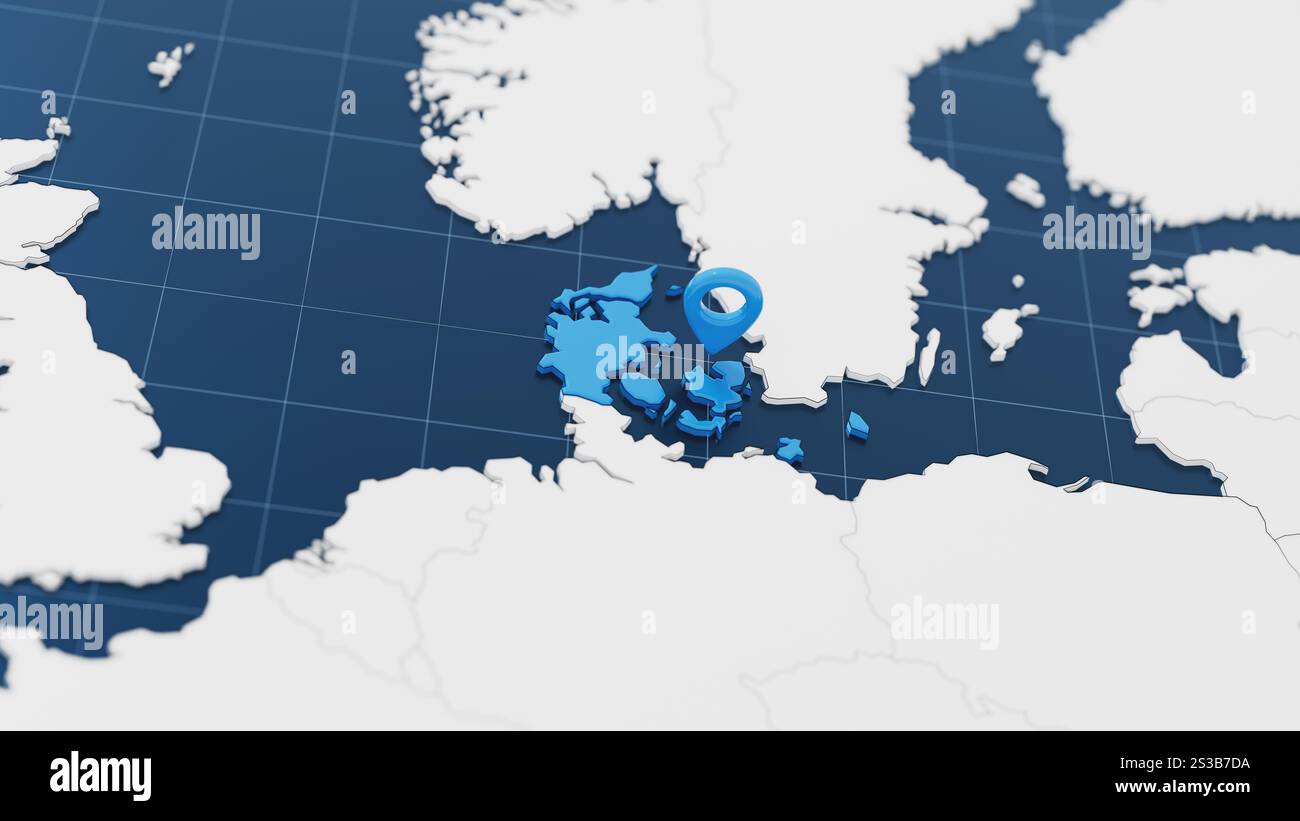 Blue Denmark 3d map with pointer pin surrounded with other countries in ...