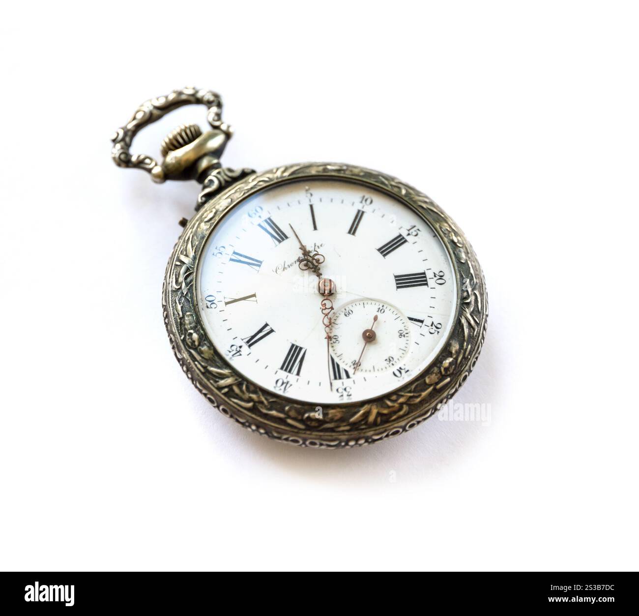 Vintage Pocket watch with shadow isolated on white background. Concept ...