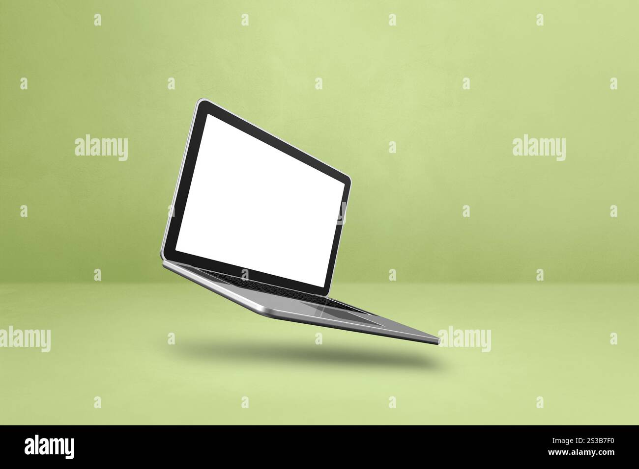 Blank computer laptop floating over a green background. 3D isolated ...