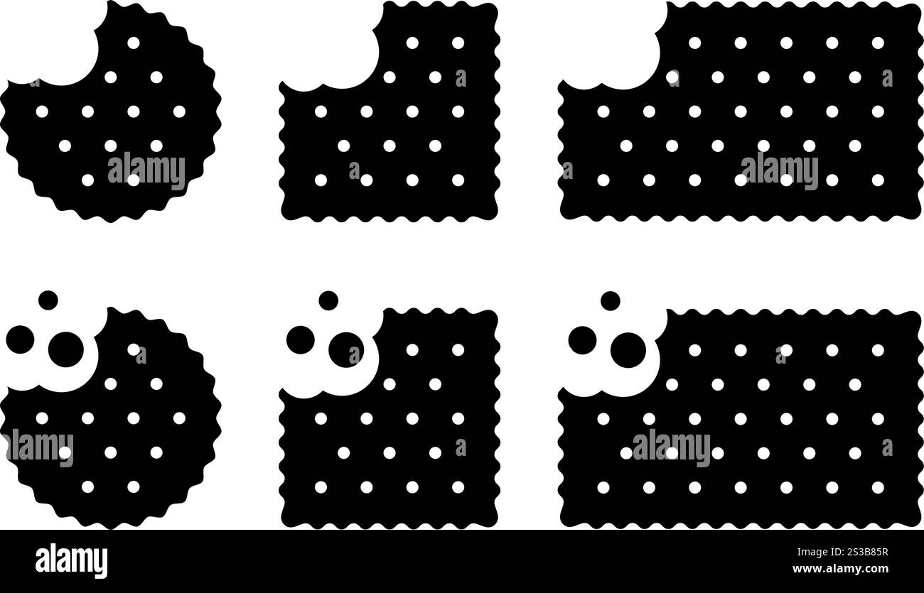 Set of whole and bitten cracker icons with crumbs. Sweet or salty ...