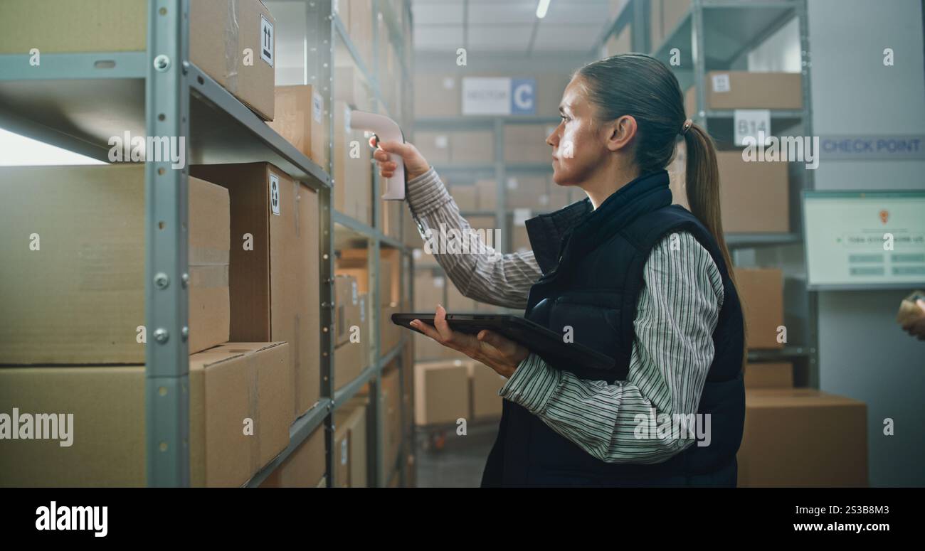 Female Inventory Specialist Scans Parcels with E-Commerce Online Orders ...