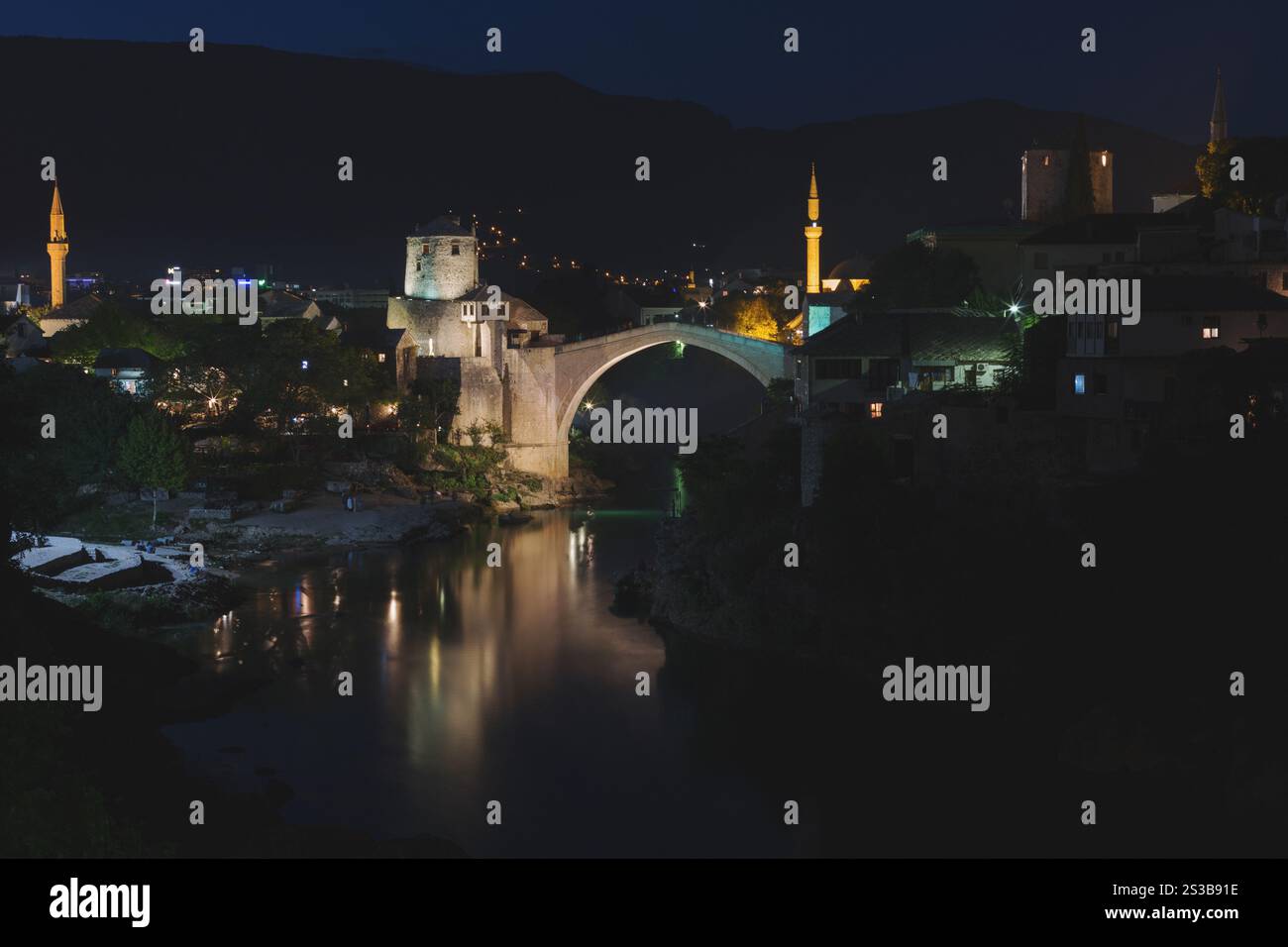 Historical Mostar Bridge, 16th-century Ottoman Bridge at night, also ...