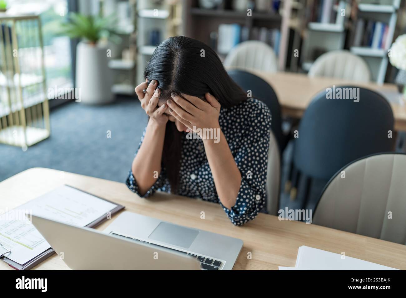 Burnout concept. Asian Business woman touching forehead having headache ...