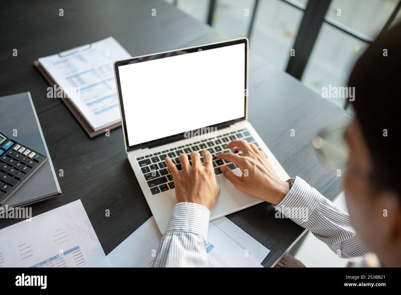 Business man using laptop blank screen computer working in office ...