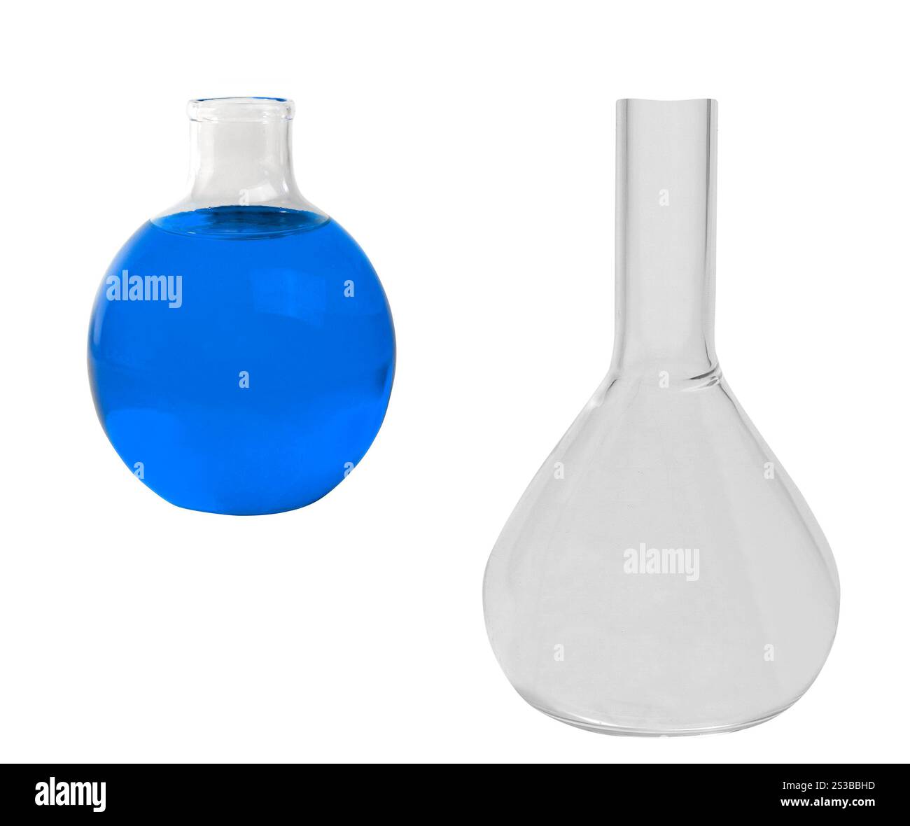 Chemical laboratory flasks with red liquid isolated on white background ...