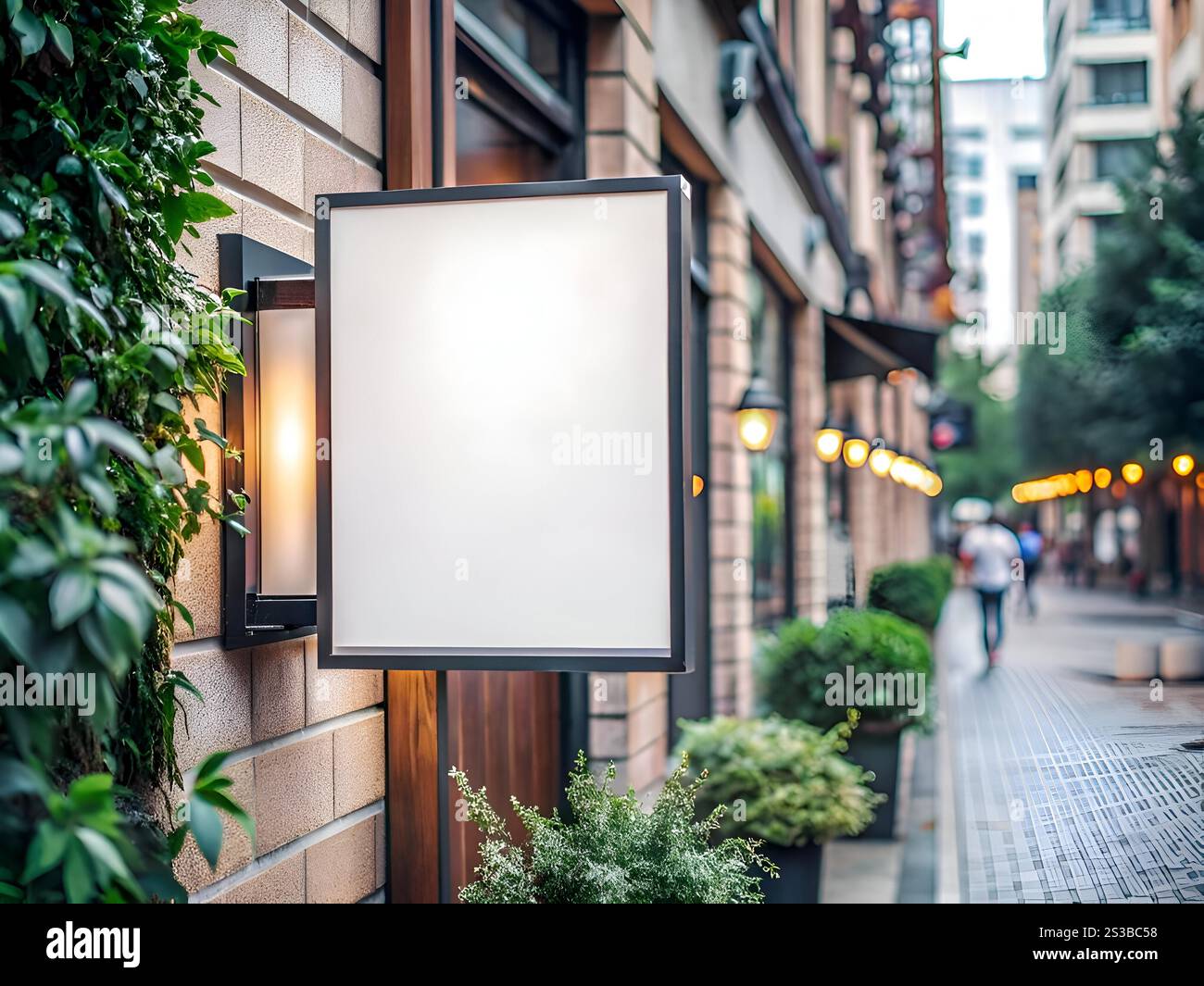 A sleek. modern signboard mounted on a brick wall with a blurred city ...