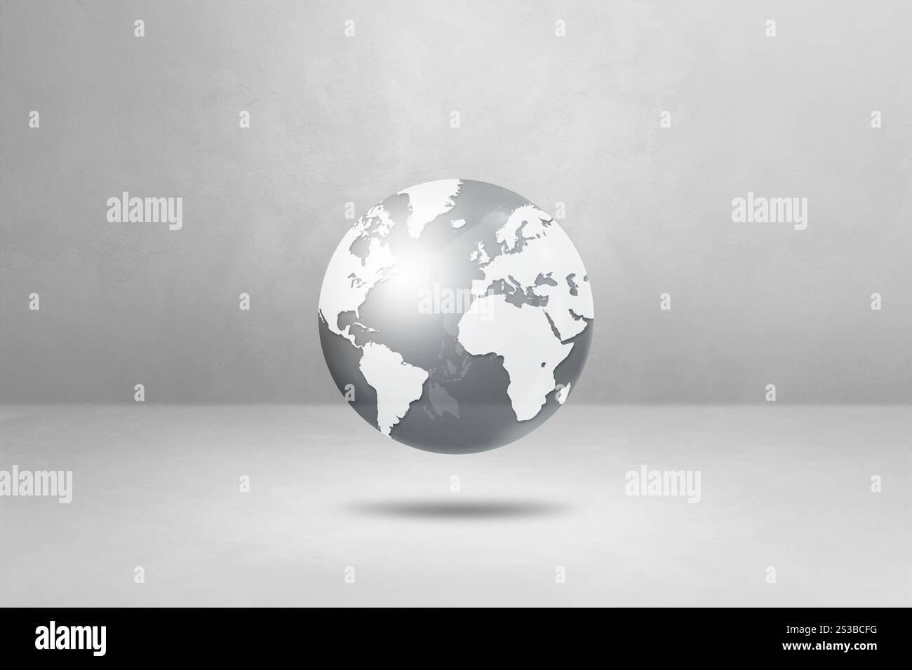World globe, grey earth map, floating over a white background. 3D ...