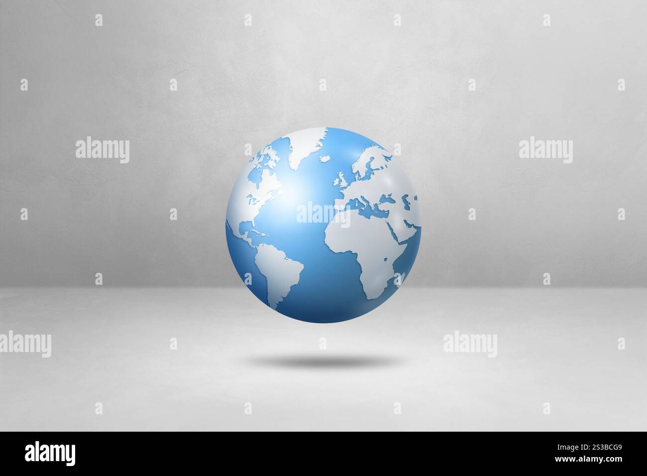 World globe, light blue earth map, floating over a white background. 3D ...