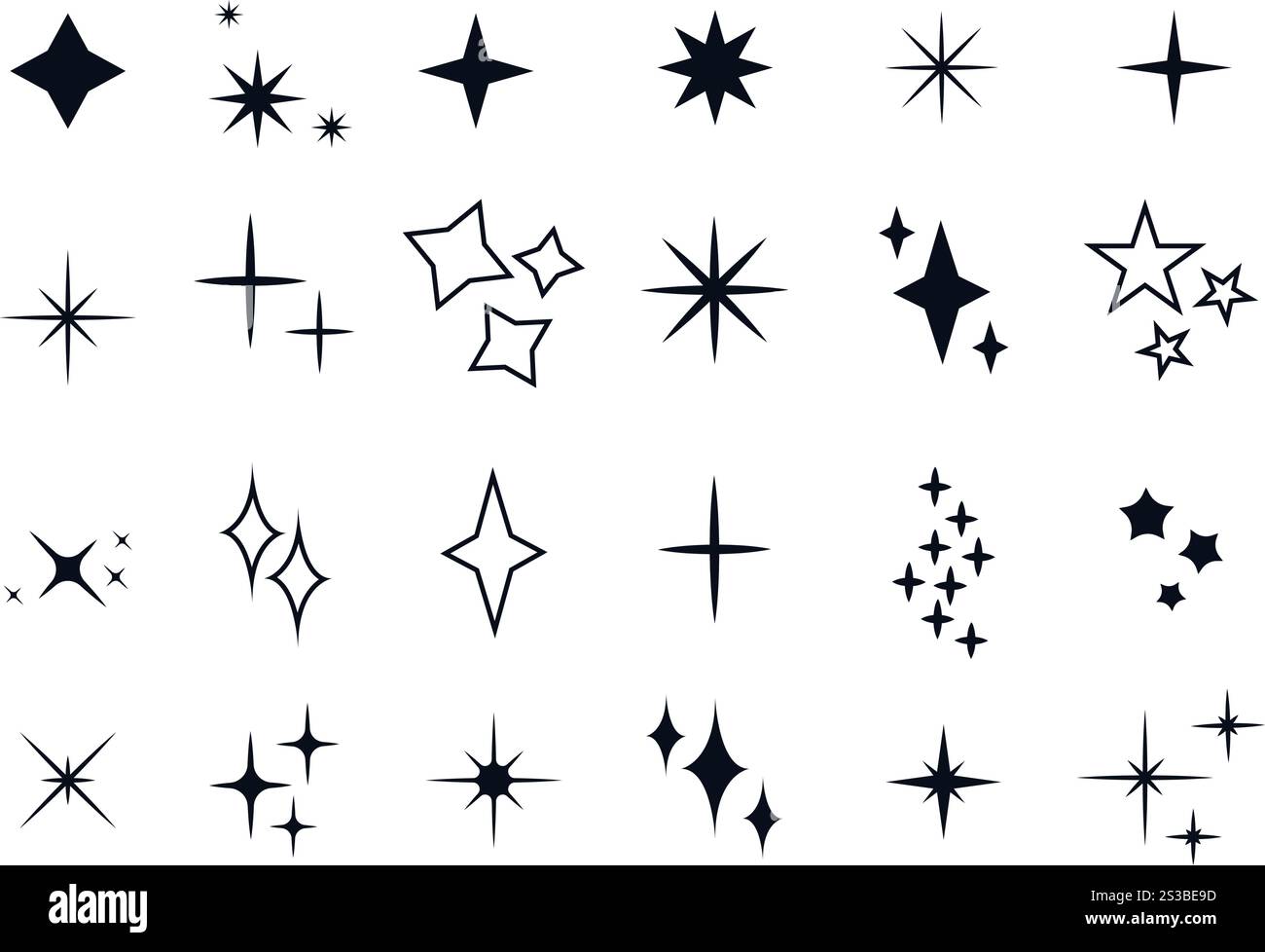 Graphic design elements set includes sparks and stars. Simple ink icons of stars, glitter, glow ...