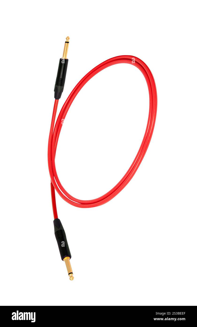 Guitar audio jack with blue cable isolated on white background. Guitar ...