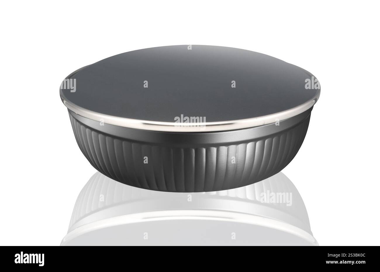 steel frying pan closed by splatter screen isolated on white background ...