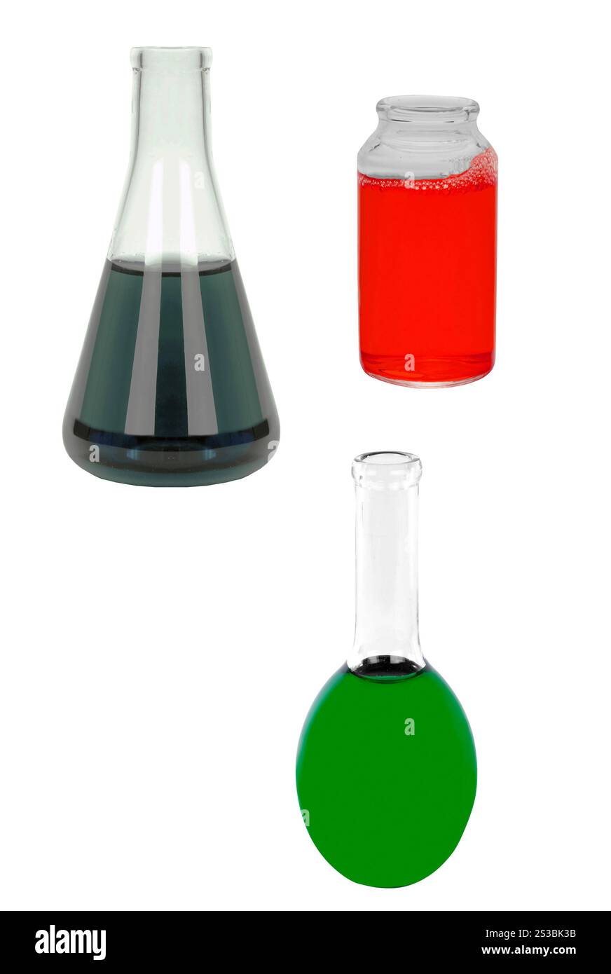 Chemical laboratory flasks with liquid isolated on white background ...