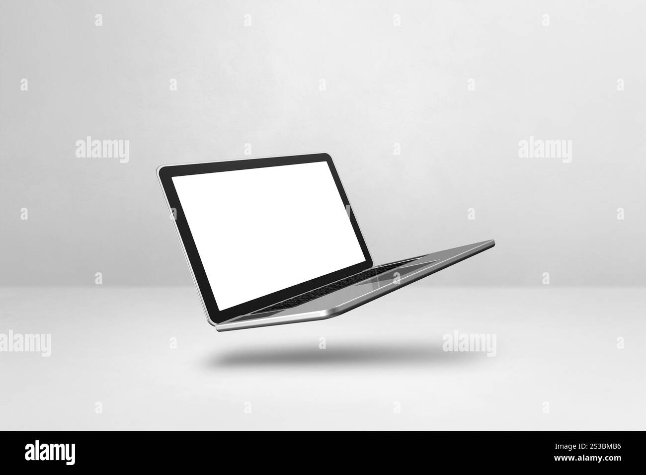 Blank computer laptop floating over a white background. 3D isolated ...
