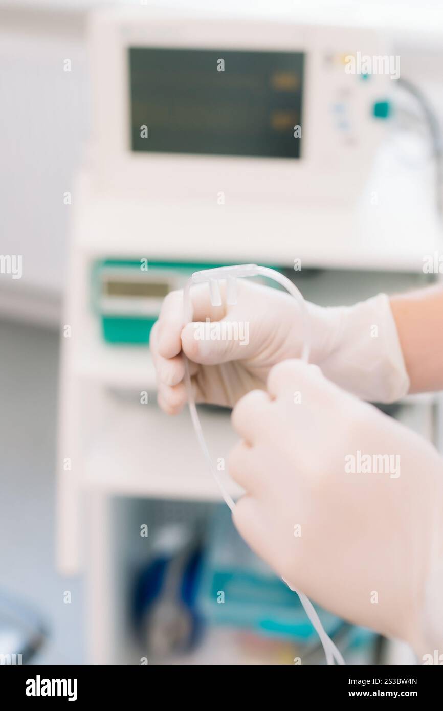 Anesthesiology. Laughing gas. Nitrous oxide. Patient at dentist's ...