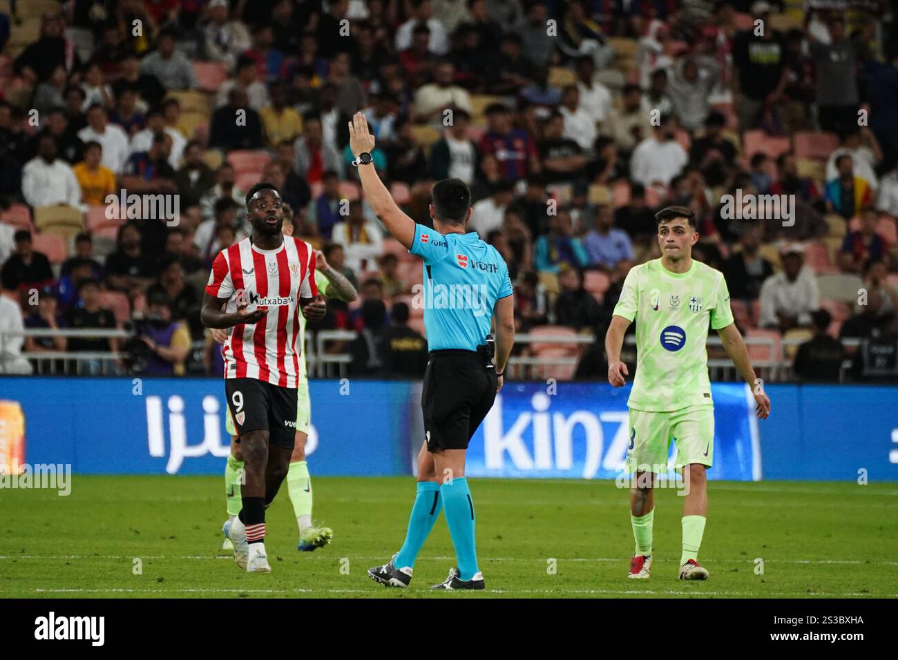 Spanish referee Miguel Ortiz (C) cancels the goal of Athletic Bilbao ...
